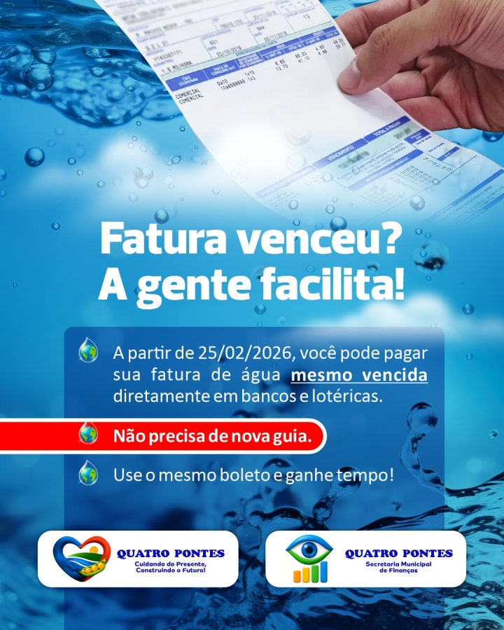 Prefeitura de Quatro Pontes orienta que faturas de água podem ser pagas ...